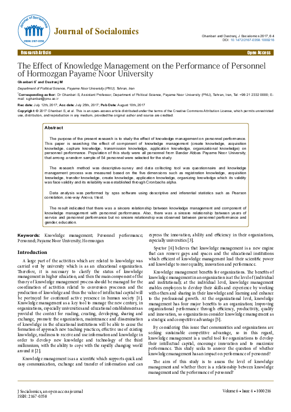 (PDF) The Effect of Knowledge Management on the Performance of Personnel of Hormozgan Payame ...