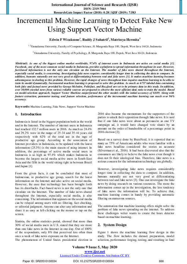 (PDF) Incremental Machine Learning to Detect Fake New Using Support Vector Machine