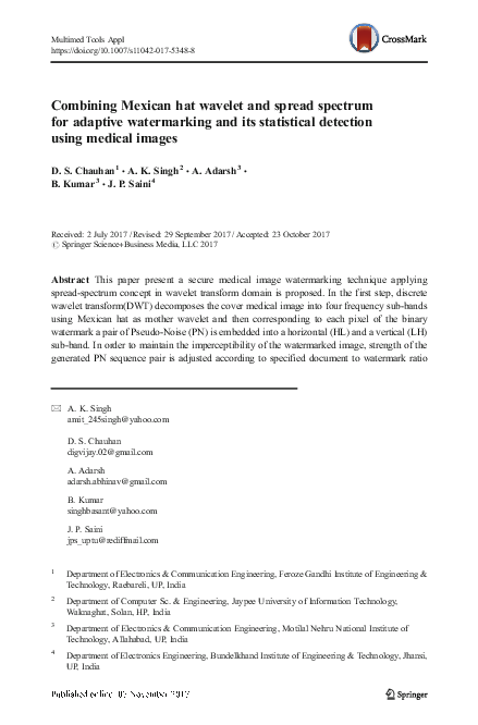 (PDF) Combining Mexican hat wavelet and spread spectrum for adaptive watermarking and its ...