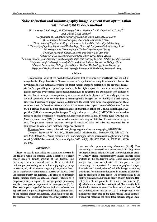 (PDF) Noise reduction and mammography image segmentation optimization with novel QIMFT-SSA method