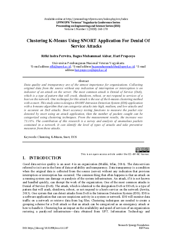 (PDF) Clustering K-Means Using SNORT Application For Denial Of Service Attacks