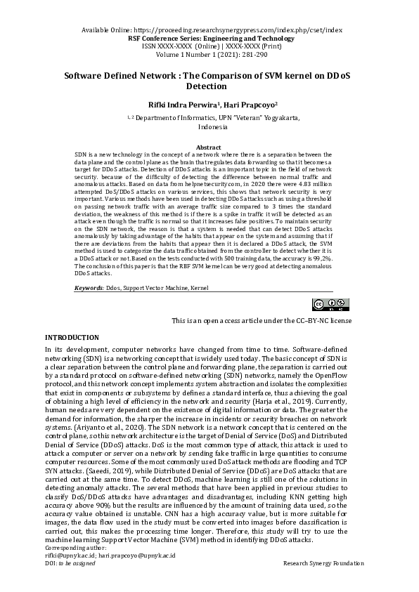 Pdf Software Defined Network The Comparison Of Svm Kernel On Ddos
