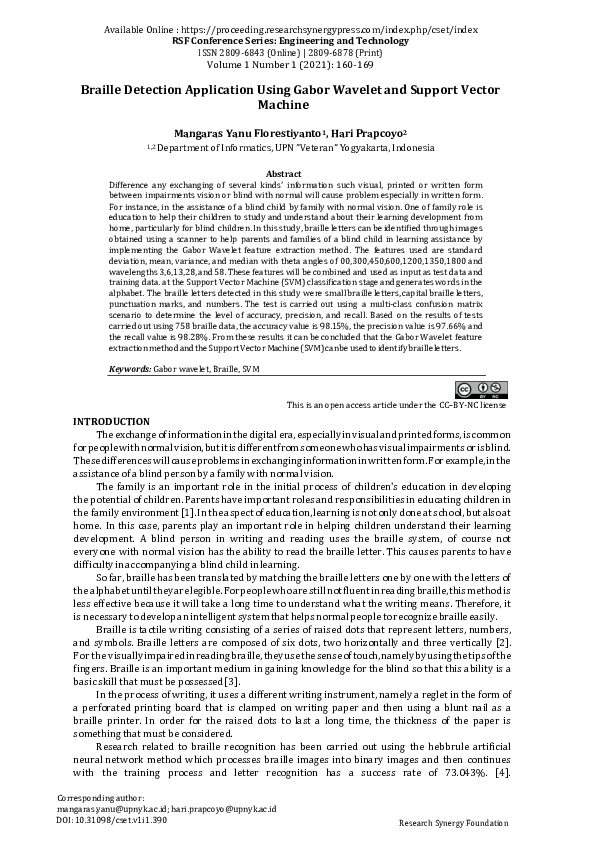 Pdf Braille Detection Application Using Gabor Wavelet And Support