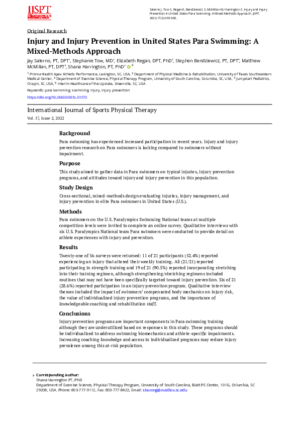 (PDF) Injury and Injury Prevention in United States Para Swimming: A ...