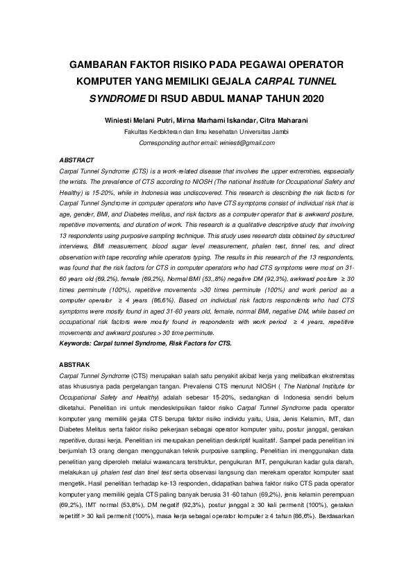 (PDF) Gambaran Faktor Risiko Pada Pegawai Operator Komputer Yang Memiliki Gejala Carpal Tunnel ...