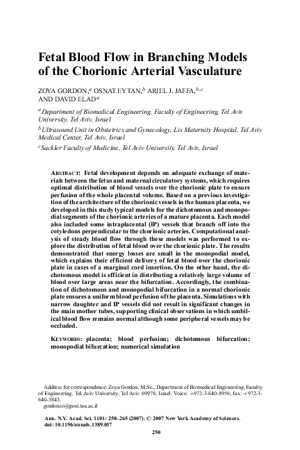 (PDF) Fetal Blood Flow in Branching Models of the Chorionic Arterial ...