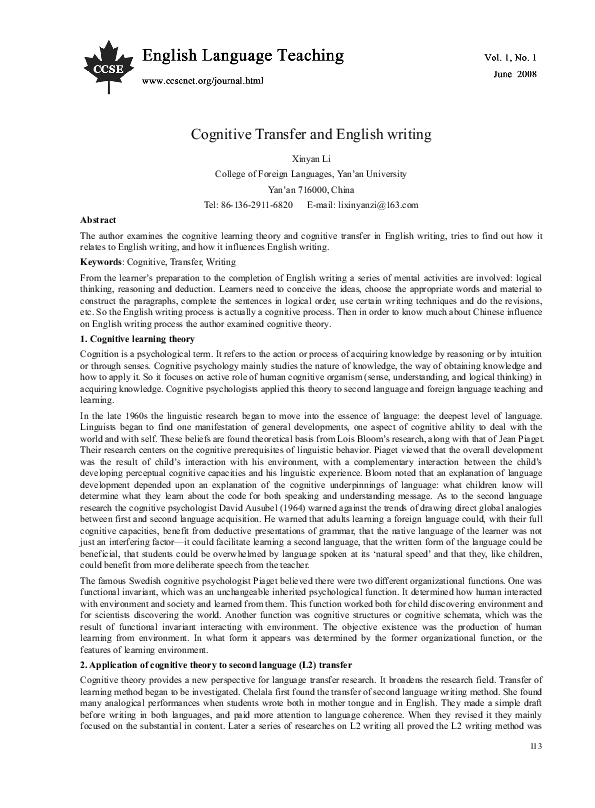 (PDF) Cognitive Transfer and English writing