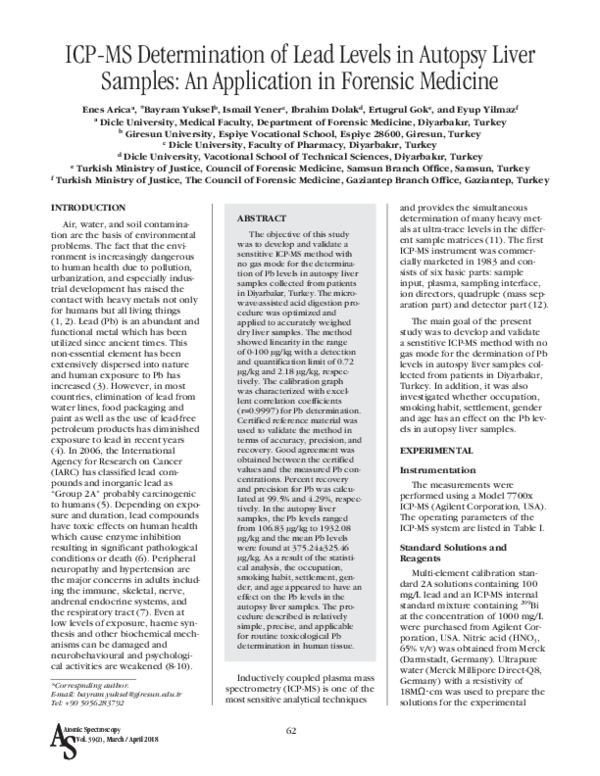 (PDF) ICP-MS Determination of Lead Levels in Autopsy Liver Samples: An Application in Forensic ...
