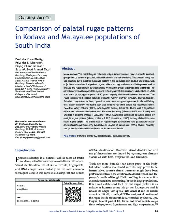 (PDF) Comparison of palatal rugae patterns in Kodava and Malayalee ...