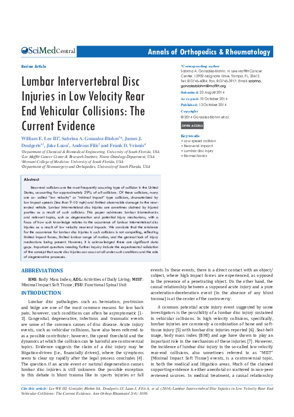 (PDF) Lumbar Intervertebral Disc Injuries in Low Velocity Rear End ...