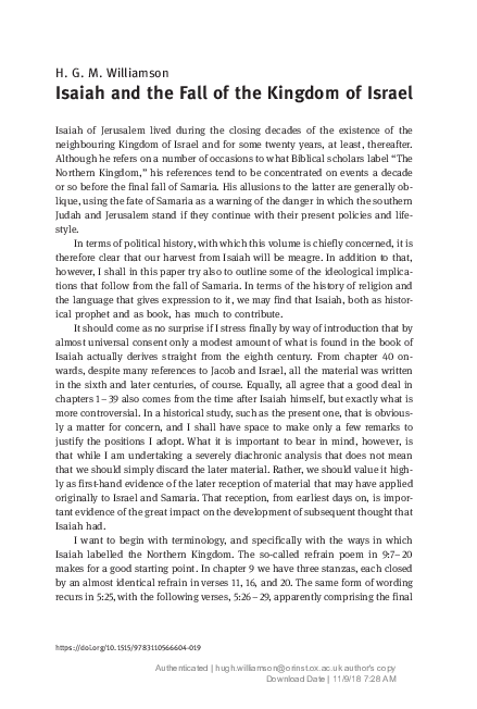 (PDF) Isaiah and the Fall of the Kingdom of Israel