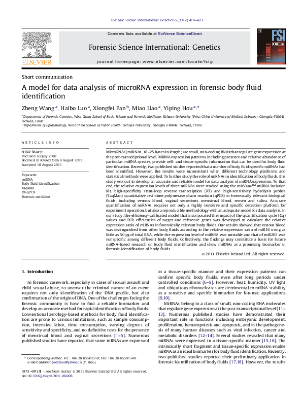 (PDF) A model for data analysis of microRNA expression in forensic body fluid identification