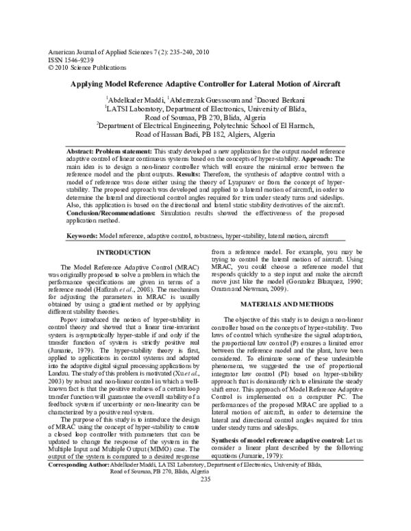 (PDF) Applying Model Reference Adaptive Controller for Lateral Motion of Aircraft
