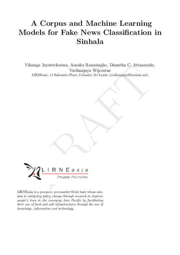 (PDF) A Corpus and Machine Learning Models for Fake News Classification ...