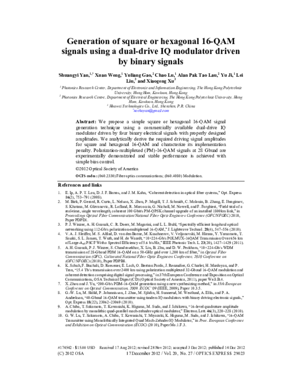 (PDF) Generation of Square or Hexagonal 16-QAM Signals Using a Single ...