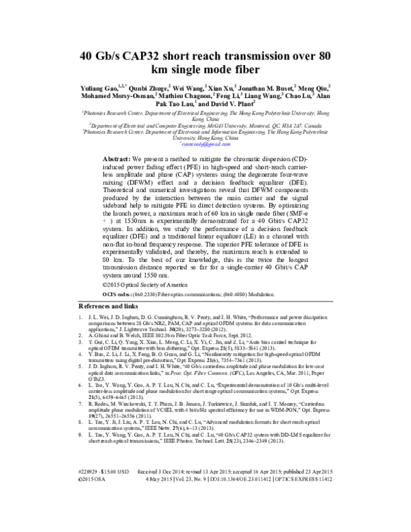 (PDF) 40 Gb/s CAP32 short reach transmission over 80 km single mode fiber