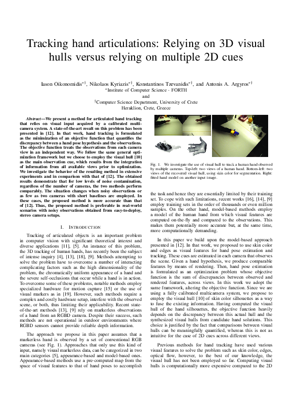 (PDF) Tracking Hand Articulations: Relying on 3D Visual Hulls Versus Relying on Multiple 2D Cues