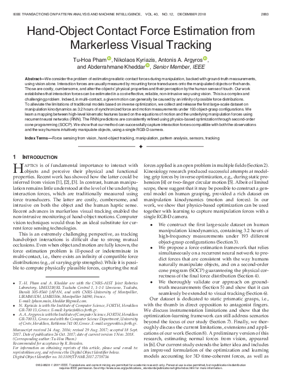 (PDF) Hand-Object Contact Force Estimation From Markerless Visual Tracking