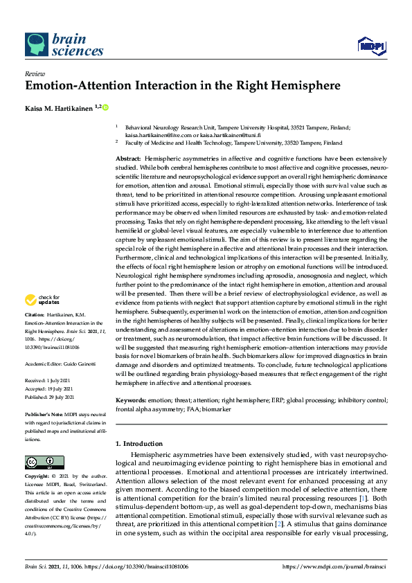 (PDF) Emotion-Attention Interaction in the Right Hemisphere