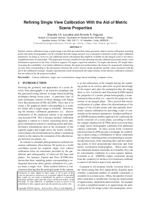 (PDF) Refining Single View Calibration With the Aid of Metric Scene Properties