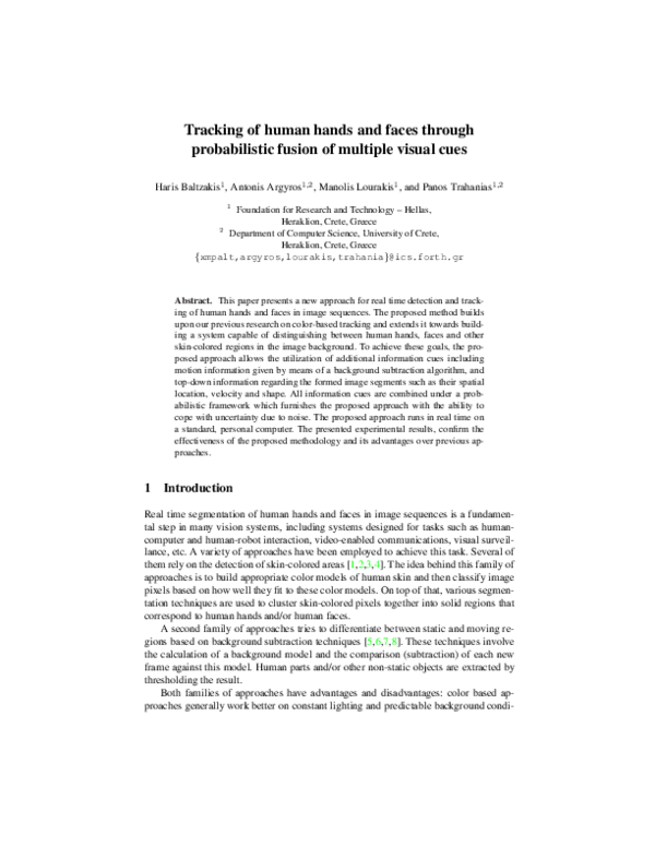 (PDF) Tracking of Human Hands and Faces through Probabilistic Fusion of Multiple Visual Cues