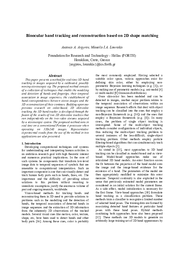 (PDF) Binocular Hand Tracking and Reconstruction Based on 2D Shape Matching