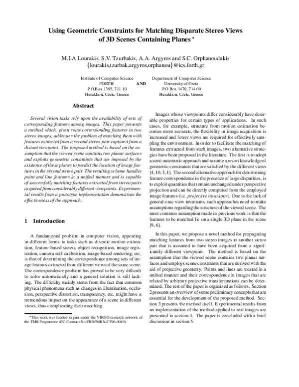 (PDF) Using geometric constraints for matching disparate stereo views of 3D scenes containing planes