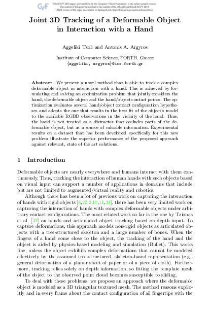 (PDF) Joint 3D Tracking of a Deformable Object in Interaction with a Hand