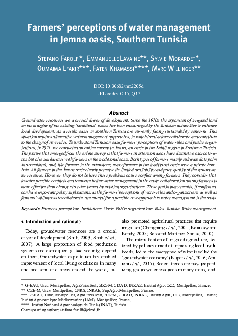 (PDF) Farmers’ perceptions of water management in Jemna oasis, Southern Tunisia