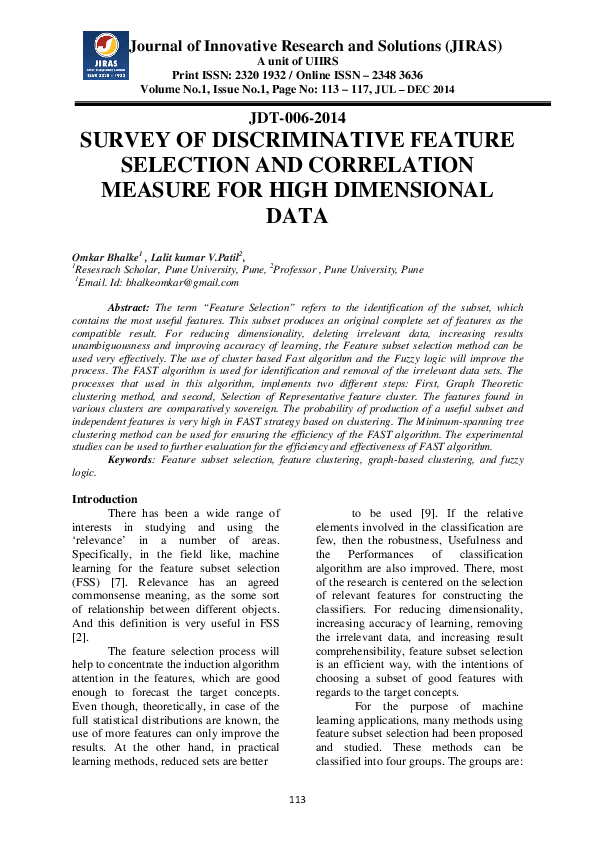 (PDF) Survey of Discriminative Feature Selection and Correlation Measure for High Dimensional Data