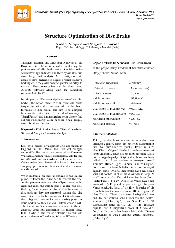 (PDF) Structure Optimization of Disc Brake