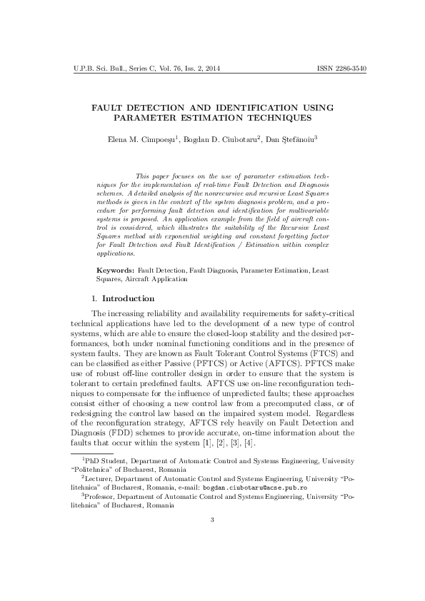 Pdf Fault Detection And Identification Using Parameter Estimation Techniques