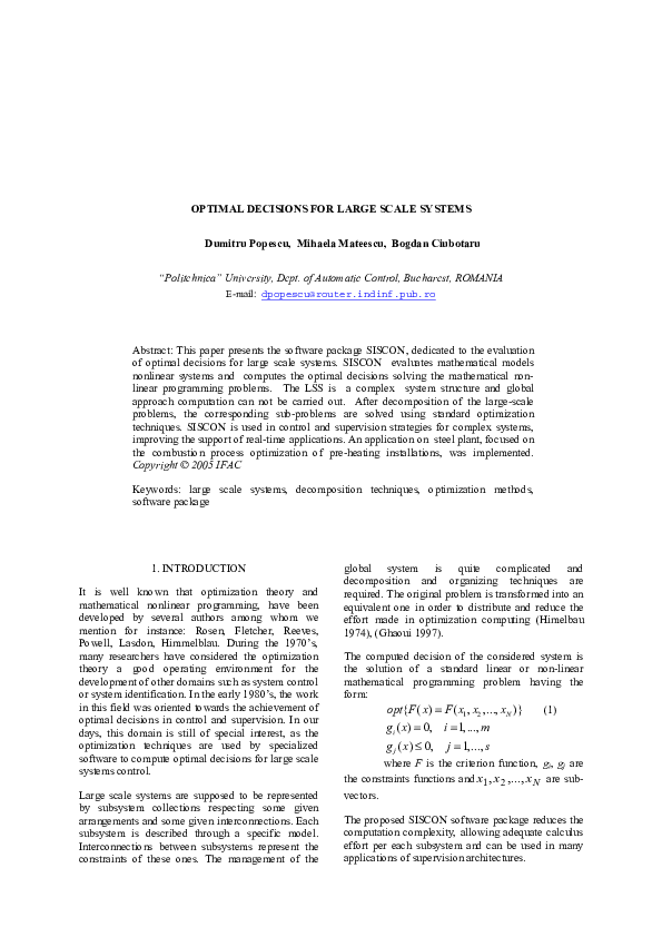 (PDF) Optimal Decisions for Large Scale Systems