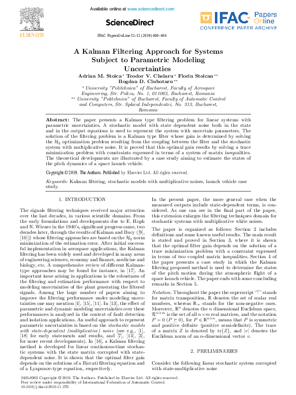 Pdf A Kalman Filtering Approach For Systems Subject To Parametric