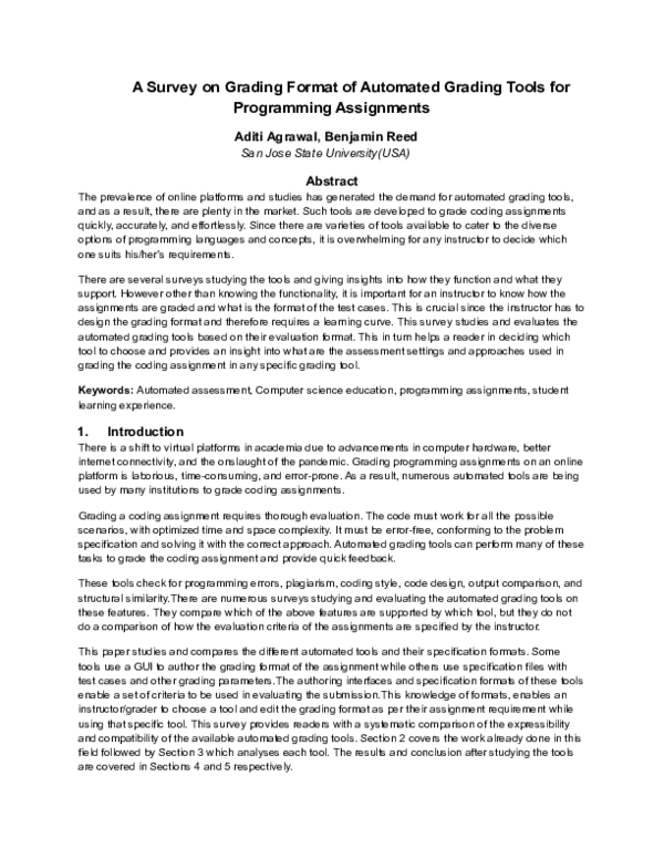 Pdf A Survey On Grading Format Of Automated Grading Tools For Programming Assignments 