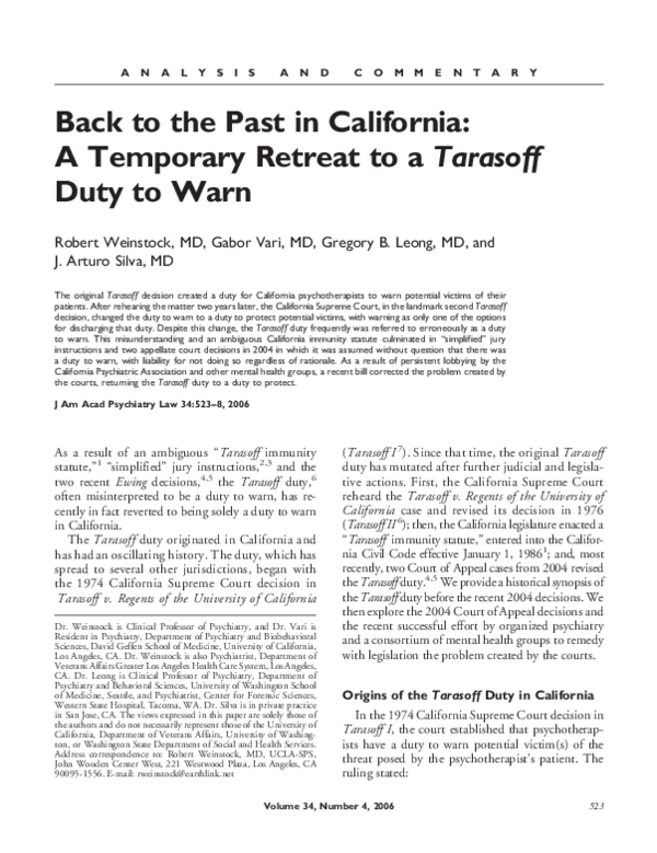 (PDF) Back to the past in California: a temporary retreat to a Tarasoff ...