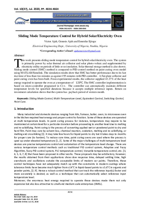 (PDF) Sliding Mode Temperature Control for Hybrid Solar/Electricity Oven