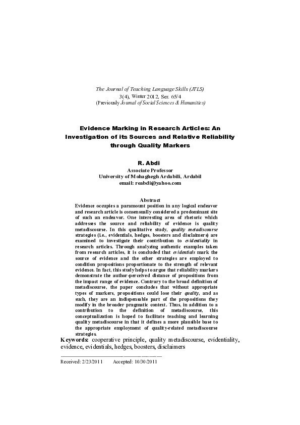 (PDF) Evidence Marking in Research Articles: An Investigation of its ...