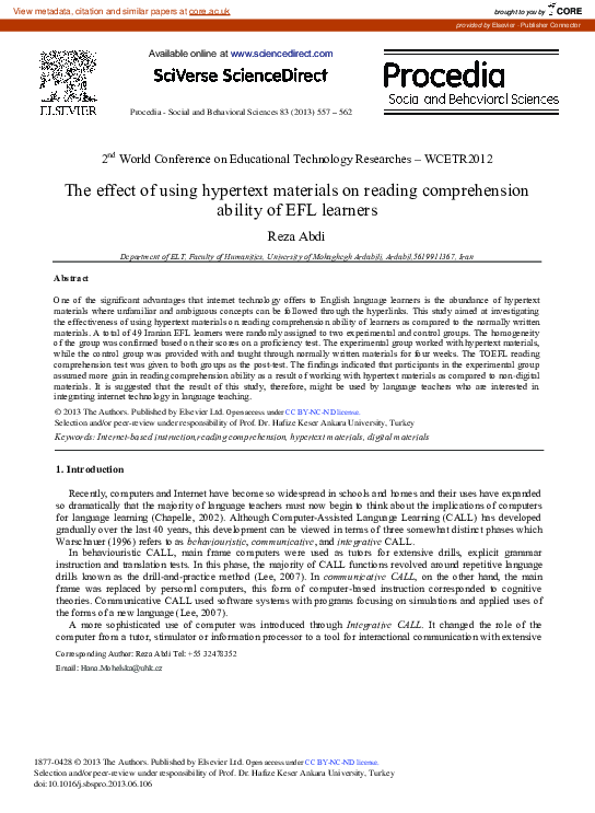 Pdf The Effect Of Using Hypertext Materials On Reading Comprehension Ability Of Efl Learners