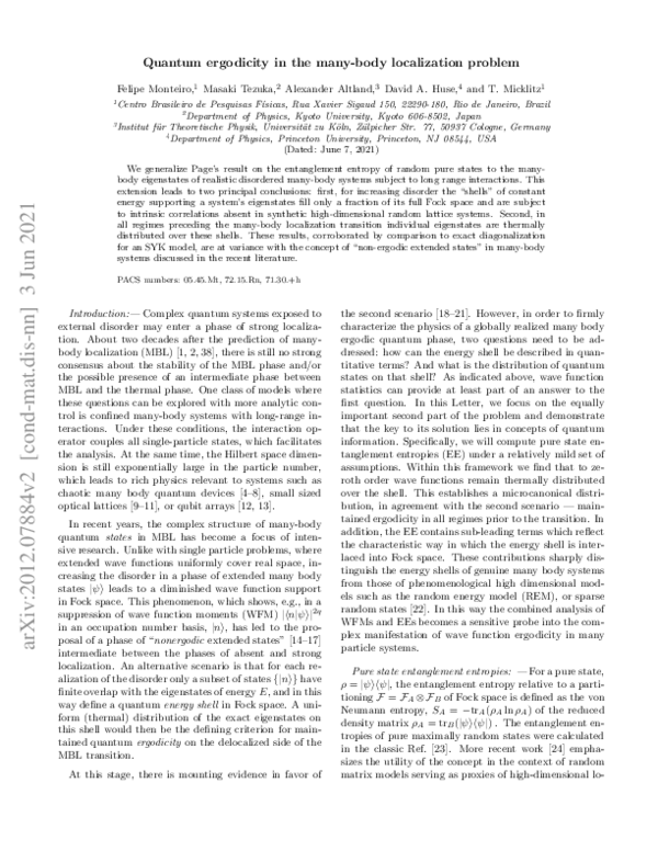 (PDF) Quantum Ergodicity in the Many-Body Localization Problem