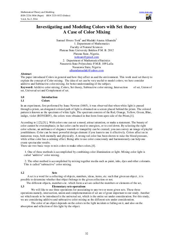 (PDF) Investigating and Modeling Colors with Set theory A Case of Color Mixing