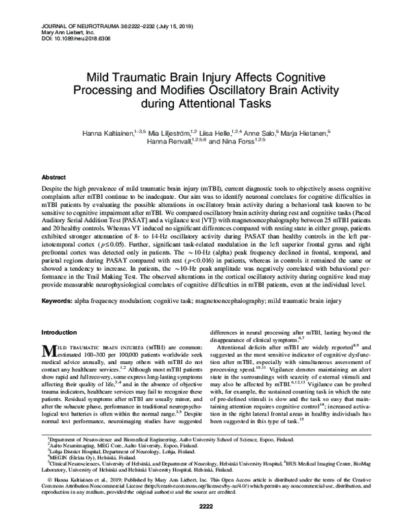 (PDF) Mild Traumatic Brain Injury Affects Cognitive Processing and Modifies Oscillatory Brain ...