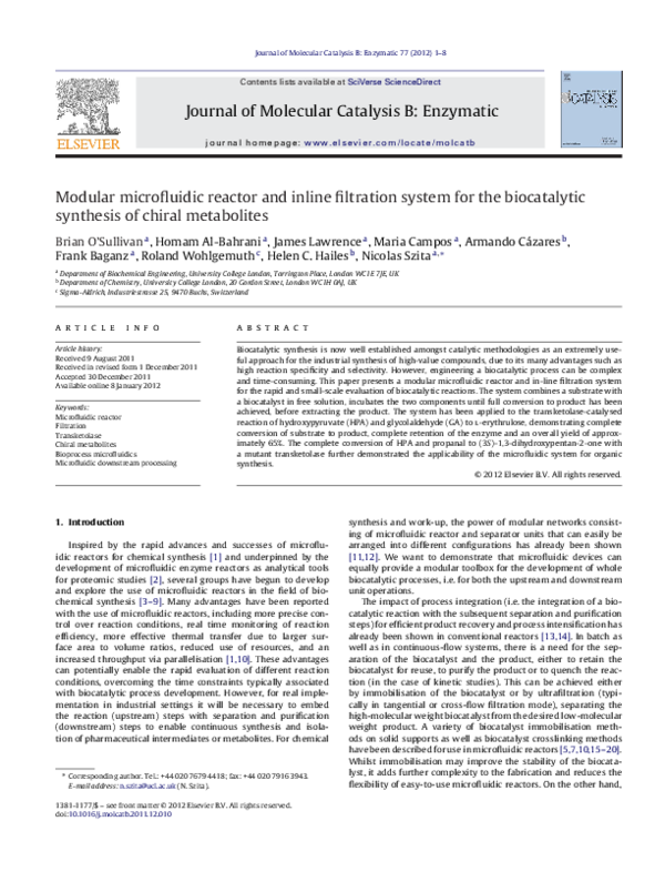 (PDF) Modular microfluidic reactor and inline filtration system for the biocatalytic synthesis ...