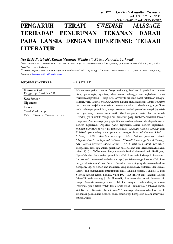 (PDF) Pengaruh Terapi Swedish Massage Terhadap Penurunan Tekanan Darah Pada Lansia Dengan ...