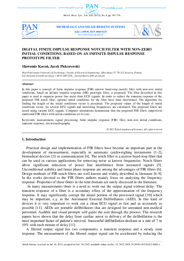 Pdf Digital Finite Impulse Response Notch Filter With Non Zero Initial Conditions Based On An