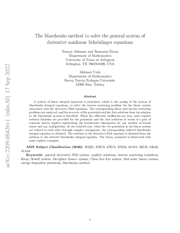 (PDF) The Marchenko method to solve the general system of derivative nonlinear Schr\"odinger ...