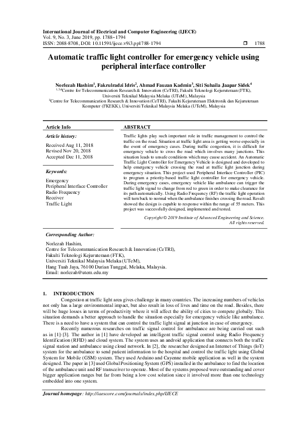 Pdf Automatic Traffic Light Controller For Emergency Vehicle Using Peripheral Interface