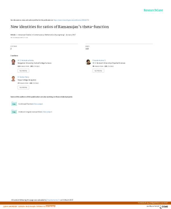 Pdf New Identities For Ratios Of Ramanujans Theta Function