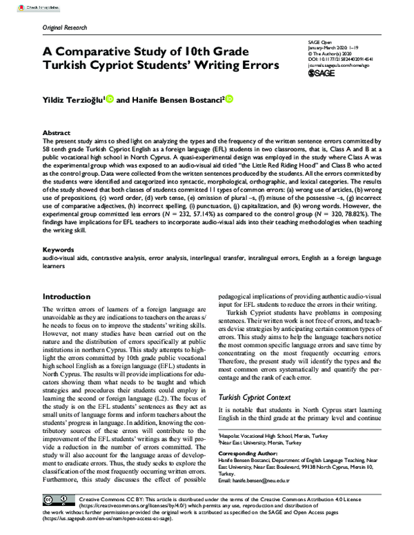 (PDF) A Comparative Study of 10th Grade Turkish Cypriot Students’ Writing Errors
