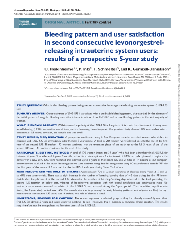 Pdf Bleeding Pattern And User Satisfaction In Second Consecutive Levonorgestrel Releasing